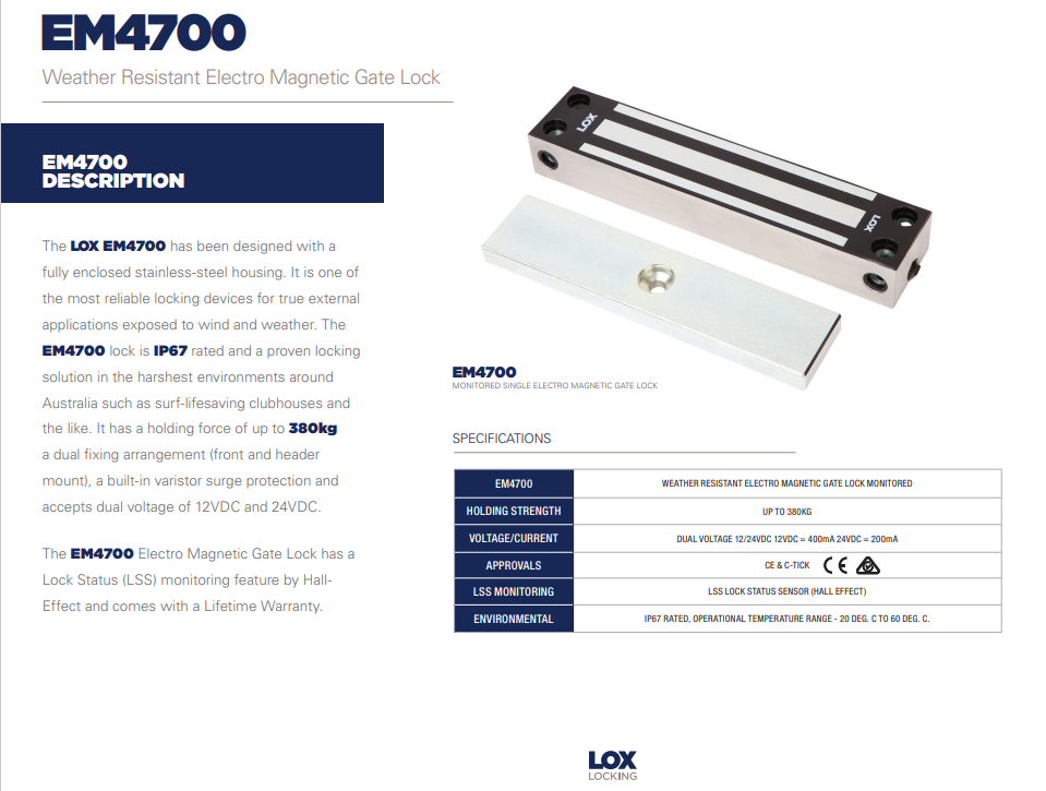 LOX Mini Mag Lock 12/24VDC For Gates, Dual-Fixing Face / Side Mount, W ...